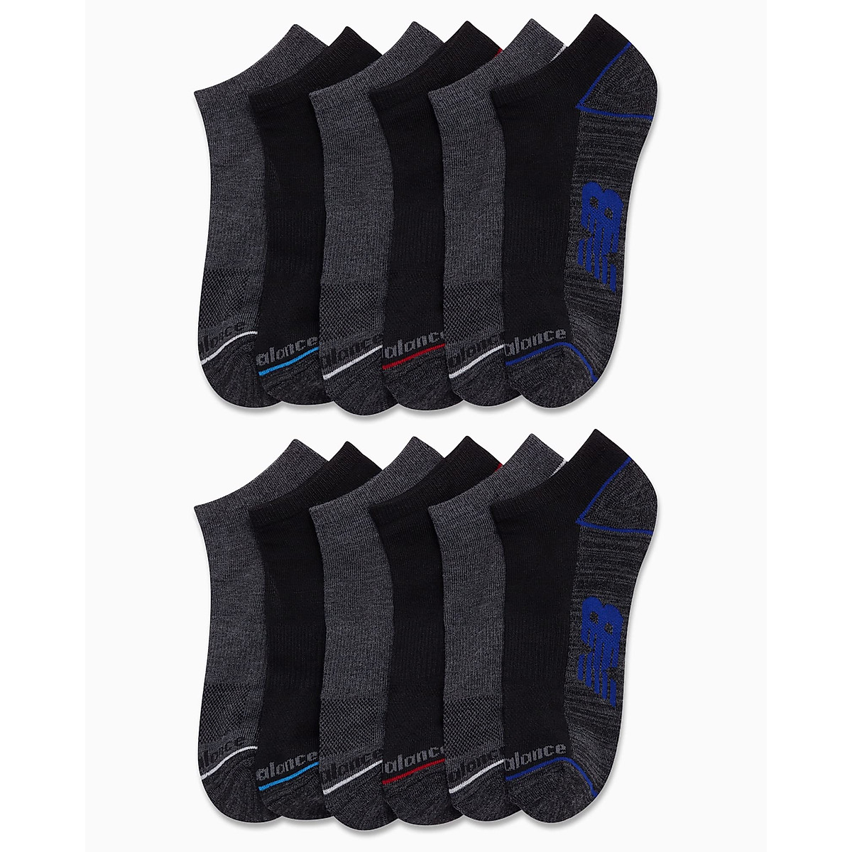 New Balance Men's Low Cut Socks - 12 Pack Performance Cushion No Show Athletic Socks for Men with Arch Support (Size: 6-12.5), Size 6-12.5, Black/Grey Assorted