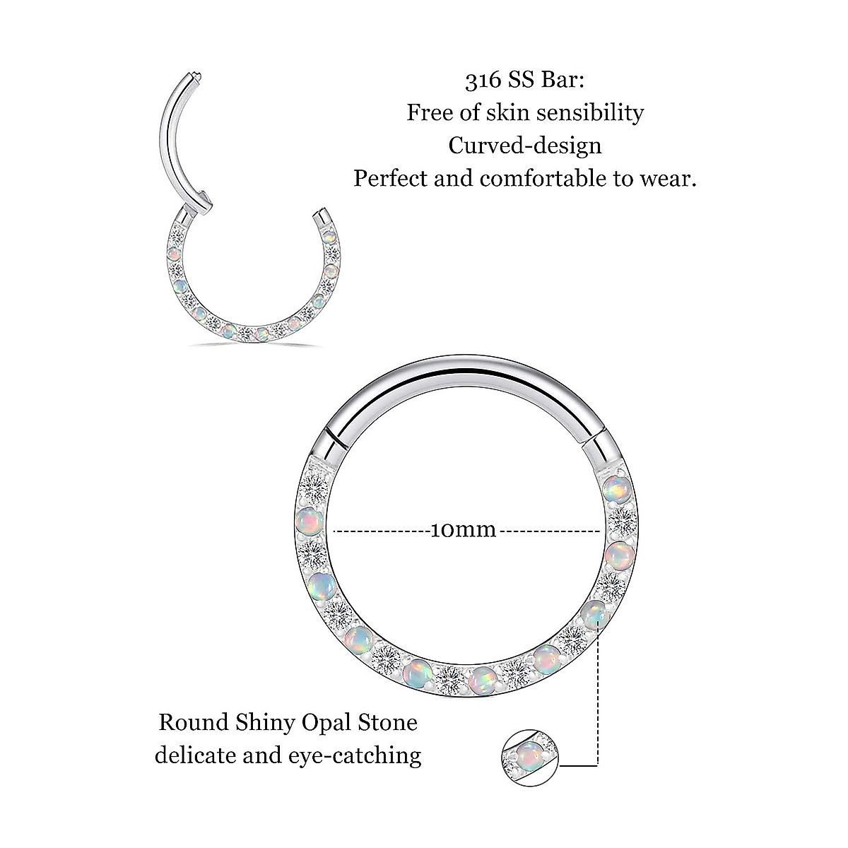 Uzgtvy 16G Opal Hinged Septum Rings Piercing Jewelry Clicker 316L Surgical Stainless Steel Seamless Segment Cartilage Helix Rook Daith Earring Lip Septum Nose Rings Piercing Jewerly Women Men Silver