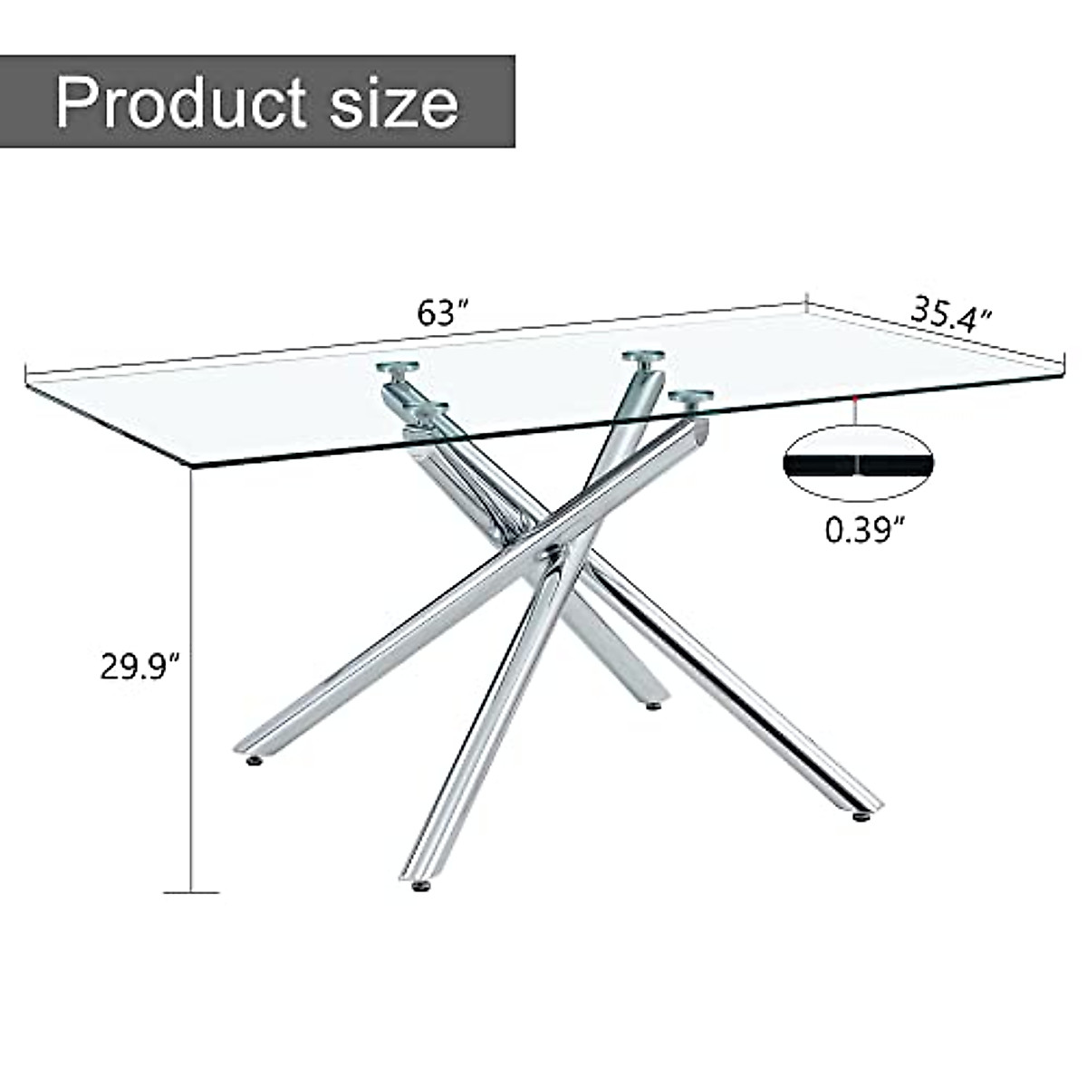 63 inch Glass Dining Table for 6, Silver Legs Rectangular Glass Kitchen Table, Glass Top Dining Table for 4-6 Persons Table Furniture for Home Office Kitchen Dining Room