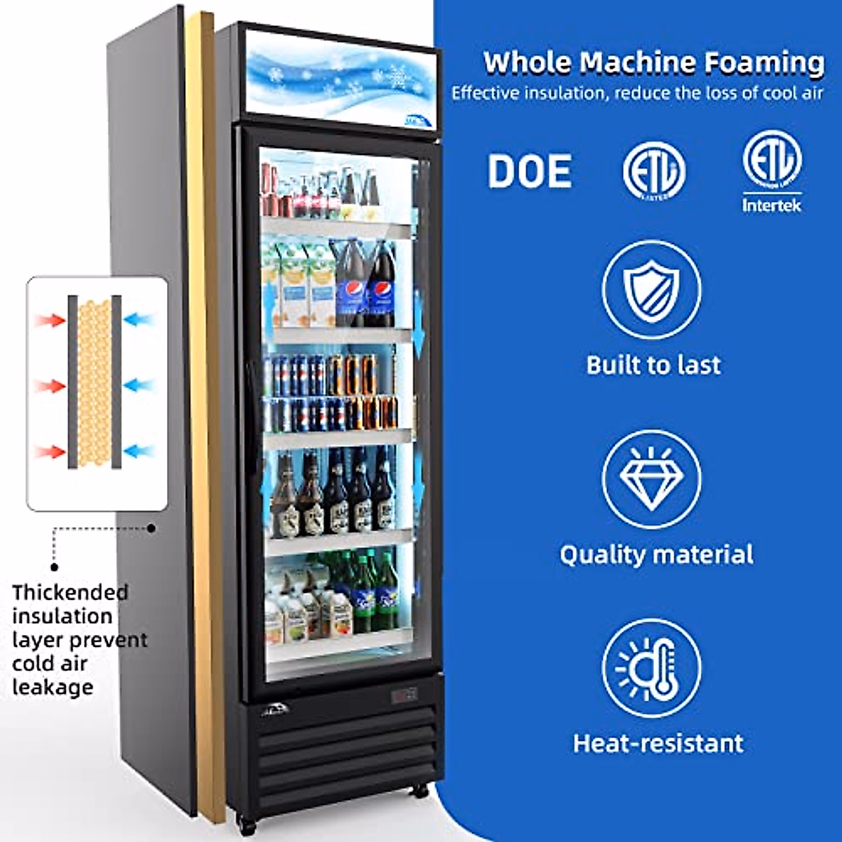 JAECOOL Commercial Beverage Refrigerator Cooler, Merchandiser Refrigerator with Glass Door, Upright Display Refrigerator, Auto-defrost, R290 Eco-friendly, ETL, 12.8 Cu. Ft
