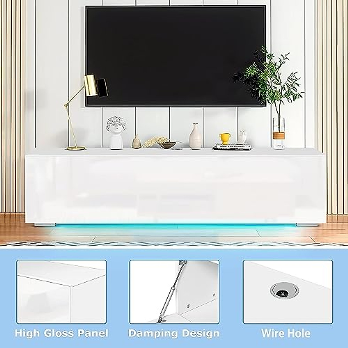 HOMMPA Floating TV Stand with Led Light for 63 Inch TVs Wall Mounted Led Entertainment Center with High Gloss Storage Modern Floor White Mounted Media Console for Living Room