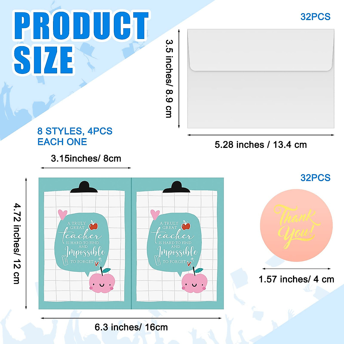 Teling 32 Sets Teacher Thank You Cards with Envelopes and Stickers Teacher Appreciation Gift Bulk Teachers Day Motivational Card Best Teacher Ever Card for Women Teachers Coworker