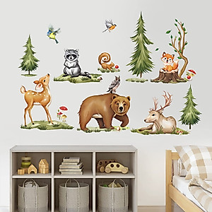 wondever Woodland Animals Wall Stickers Bear Deer Fox Pine Tree Peel and Stick Wall Art Decals for Kids Bedroom Baby Nursery Living Room