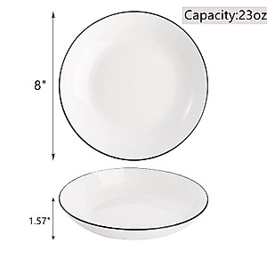 Dicunoy 6 Pack Pasta Plates, 8" Porcelain Salad Bowls, Shallow White Dinner Soup Serving Plate, Spaghetti Dishes with Black Rim for Cereal, Dessert, Snack, Microwave & Dishwasher Safe