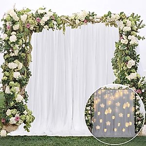 RYB HOME 2Pcs 5Ft x 10Ft White Backdrop Curtains, Non-Reflective Drapes with Sheer Overlay Opaque Backdrops for Wedding Party Stage Home Decoration, Width 60 x Length 120 inch, Set of 2 Panels