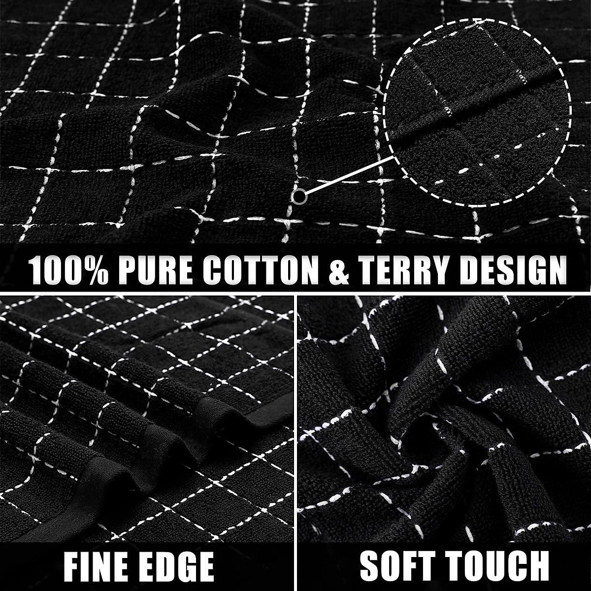 Mordimy 100% Cotton Terry Cloth Dish Cloths, Soft and Absorbent Checkered Dish Towels, Quick Drying Dish Rags for Washing Dishes, 8 Pack, 12 x 12 Inches, Black