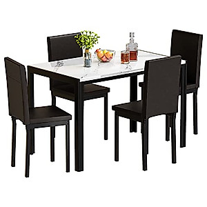 AWQM Dining Table Set for 4, Faux Marble Dining Room Table and Chairs Set, Rectangle Kitchen Table Set with Durable Metal Frame and Upholstered Chairs for Home, Kitchen, Restaurant, Apartroom - White