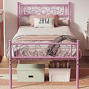 Elephance Twin Size Bed Frame with Headboard and Footboard, Metal Platform Bed Frame with 14 Inch Storage Space Mattress Foundation No Box Spring Needed for Girl Pink