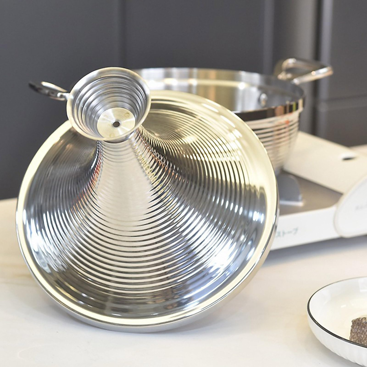 Topjia Moroccan Tagine Cooking Pot,Stainless Steel Non Stick Moroccan Casserole with 2 Handles,Large Moroccan Cooker Handmade Tagine Pot with Cone-Shaped Lid(23cm, Silver), 1776982