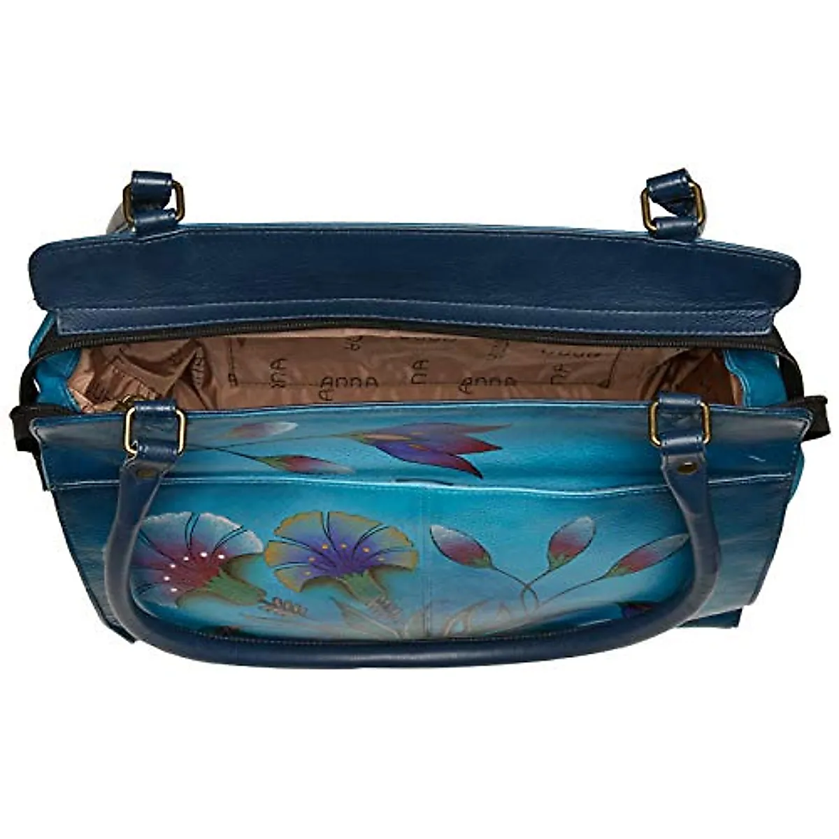 Anna by Anuschka Genuineleatherlarge Satchel Shoulder Bag Hand-Painted Original Artwork, Turkish Garden Denim