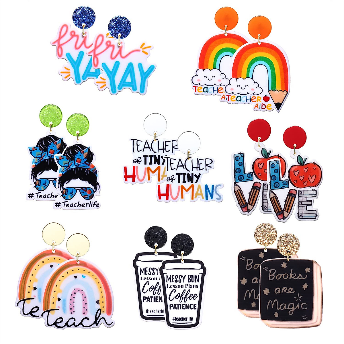 8 Pairs Teacher Earrings Acrylic Rainbow Pencil Book Drop Dangle Colorful Math Back To School Jewelry Appreciation Gifts