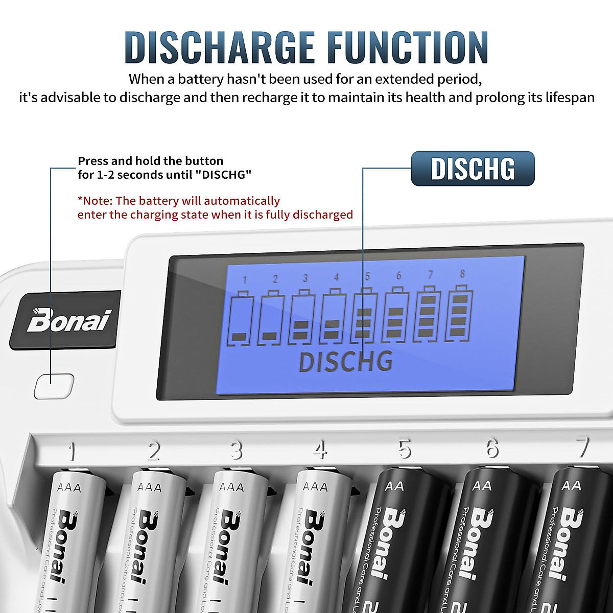 BONAI 8+1 Bay Battery Charger with LCD Display for AA AAA NiMH NiCd 9V Rechargeable Batteries with 9V Lithium Rechargeable Batteries 600mAh High Capacity Long-Lasting & Economical 4 Pack