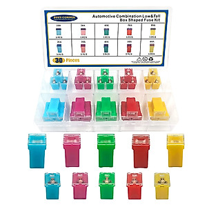 Automotive Combination Low and Tall/STD Profile Box Shaped Assortment 30 Pieces Fuse Kit for Ford, Chevy/GM, Nissan, and Toyota Pickup Trucks, Cars and SUV