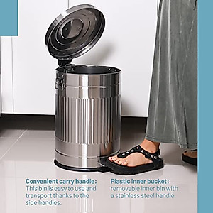 AWENN Step Trash Can with Lid and Pedal 20 Liter / 5.3 Gallon, Vintage Garbage Bin for Kitchen, Office, Home, Pet Waste Container - Retro Metal Wastebasket W/Step Pedal, Silver