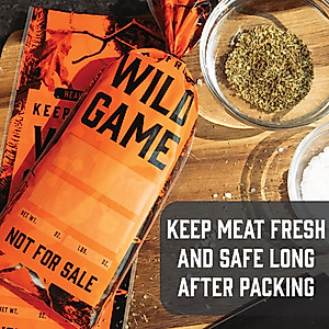 Klarny Outdoors Wild Game Freezer Bags for Ground Meat or Venison, 1.5 LB Blaze Orange Camouflage Hunting Meat Packaging Storage System with Twist Ties for Preventing Freezer Burn (50 Bags)