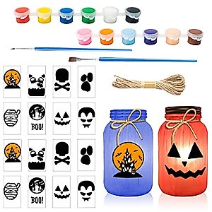 Haooryx 21Pcs DIY Halloween Mason Jar Sticker Set, DIY Your Own Mason Jar Art Craft Kit Sticker Pigment Paintbrush Hemp Rope for Halloween Party Home Decorations Classroom DIY Art Project Kids Gift