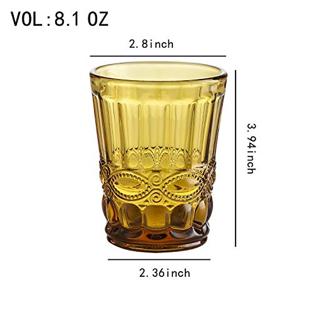 WHOLE HOUSEWARES | Amber Glassware Vintage-Pressed Pattern Set of 6 | 8 oz Embossed Design | Amber Drinking Glasses | For Weddings, Dinners, and Parties | Amber Glasses Drinking