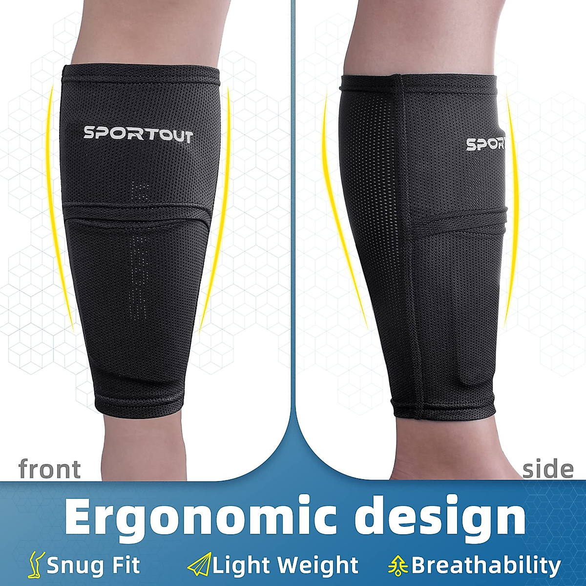 Sportout Adult Youth Kids Soccer Shin Guards,Comprehensive Protection for Your Leg, with Cushioned Ankle Protection to Prevent Injuries (Black-1, M)