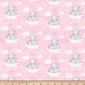 Comfy Flannel Elephants On Clouds Pink, Fabric by the Yard