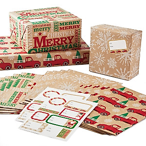 Hallmark Recyclable Kraft Christmas Flat Wrapping Paper Sheets with Cutlines on Reverse (12 Folded Sheets with Sticker Gift Tags) Rustic Red Trucks, White Snowflakes, "Merry Christmas" Lettering