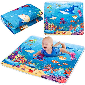 Baby Play Mat Non Slip Ocean Sea Animal Soft Foldable Washable Portable Playmat Sea Crawling Mat Baby Tummy Time Mat Floor Play Mats for Infants Toddler Playpen, 43 x 43 Inch