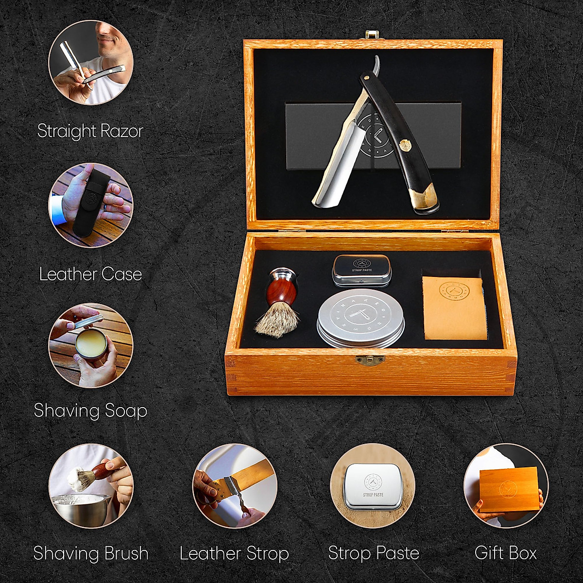 Gold Straight Razor Kit - Shave Ready Straight Razor, Stainless Steel Straight Edge Razor, Ebony Straight Razor For Men, Brush, Soap, Strop, Complete Gold Straight Razor Shaving Kit, Great Gift