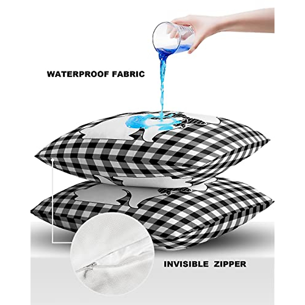 Outdoor Waterproof Throw Pillow Covers 2 Pack Rabbit Easter Bunny Point Bow Square Couch Sofa Cushion Cases White Black Checker Pillowcase Shell for Patio Garden Home Decoration