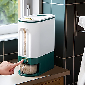 LUOKER Rice Dispenser,25 Lbs Rice Storage with Measuring Cup,White&Green Rice Container with One-Touch,Cereal Dispenser Storage with Lids for Rice, Corn,Soybean & Oatmeal,Airtight, Moisture Proof