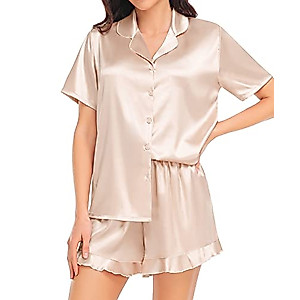 SWOMOG Satin Pajamas Women's Short Sleeve Sleepwear Ladies Silk Button Down Nightwear Pjs Shorts Set with Ruffle Hem Champagne