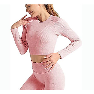 MAYROUND Women 2 Pieces Yoga Workout Outfit Ribbed Seamless Leggings and Long Sleeve Crop Top Set Exercise Clothes