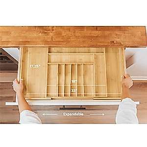 KitchenEdge Premium Silverware, Flatware and Utensil Organizer for Kitchen Drawers, Expandable to 33 Inches Wide, 11 Compartments, 100% Bamboo
