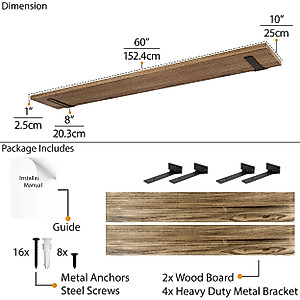 Wallniture Palm 60 inch Long x 10 in Deep Rustic Floating Shelves for Wall Storage, Wall Book Shelves for Living Room, Wall Floating Shelf for Laundry Room, Home Office, Set of 2, Burnt, Wood