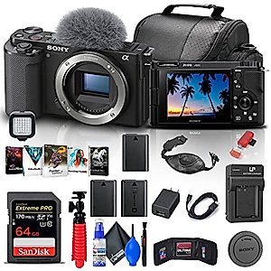 Sony ZV-E10 Mirrorless Camera (Body Only, Black) (ILCZV-E10/B) + 64GB Card + Corel Photo Software + Bag + 2 x NPF-W50 Battery + External Charger + Card Reader + LED Light + HDMI Cable + More (Renewed)