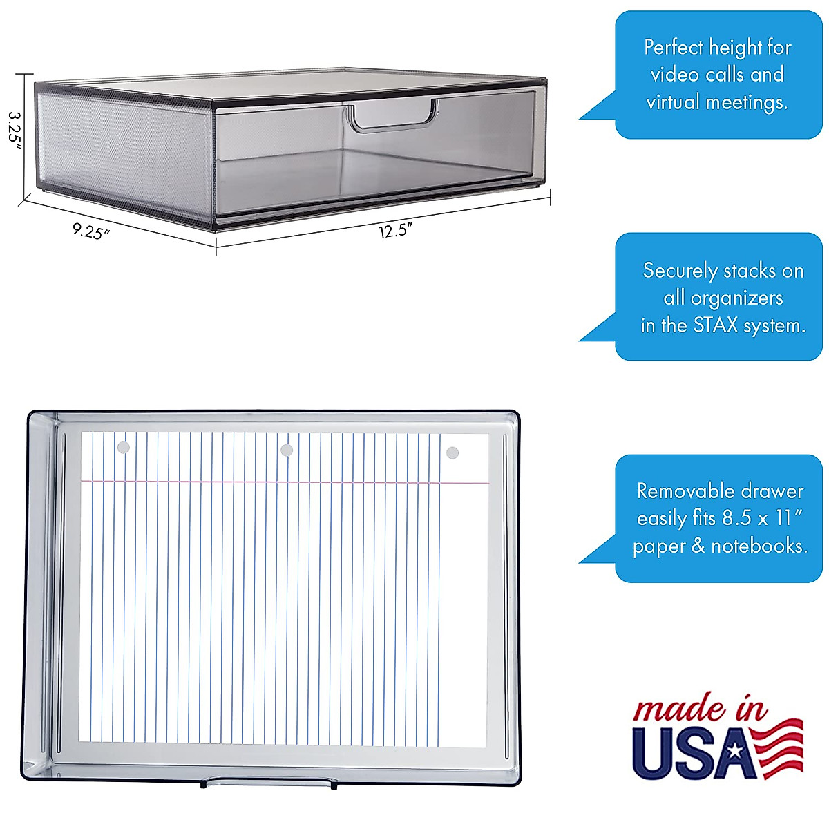 STORi STAX Plastic Stackable Organizer Drawers (Set of 2) Classic Grey | 12.5" Wide | Set Includes Two Open Drawer | Organize Office Desk Accessories & Sort Paper | Made in USA