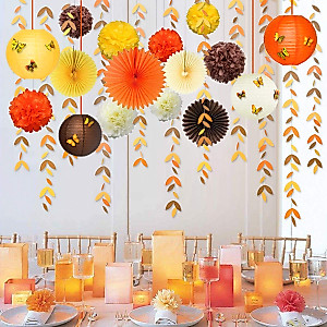 Fall Party Decorations Kit Yellow Orange Brown Paper Hanging Fans Lantern Flowers Pom Pom with 3D Butterfly Autumn Leaves Garland for Wedding Bridal Shower Birthday Harvest Thanksgiving Party Supplies