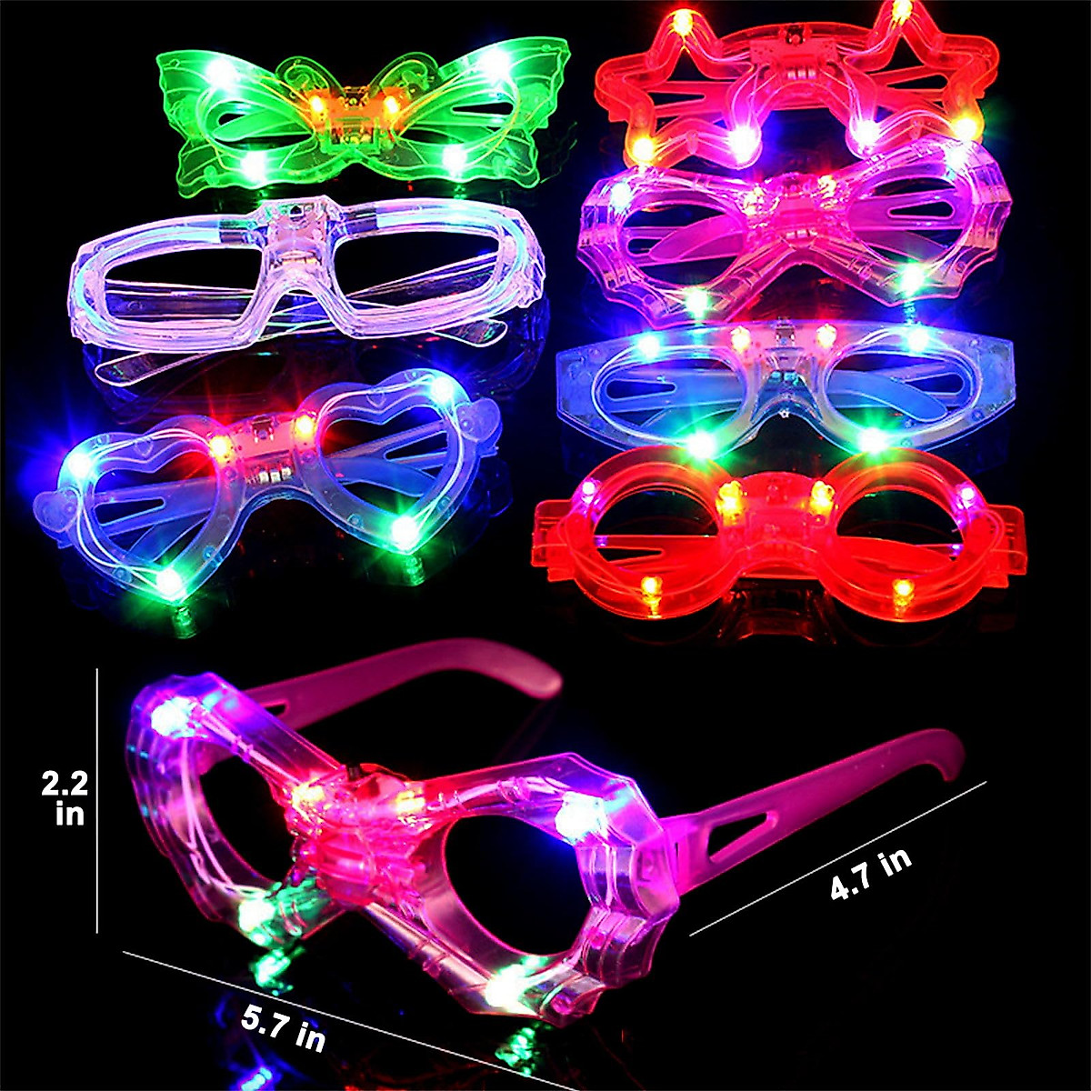 24 Packs LED Glasses for kids Glow in the dark Party Supplies Favor,6 LED 6 Shapes Glasses Flashing Plastic Light up Glass Toys Bulk 3 Replaceable Battery fit New Year Eve Party Supplies 2025 Holiday