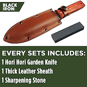 Black Iron Hori Hori Garden Knife [7 Inches, Japanese Stainless Steel] Durable Gardening Tool for Weeding, Digging, Cutting & Planting with Leather Sheath and Sharpening Stone