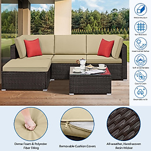 Yaheetech Patio Furniture Set, 5-Piece Outdoor/Indoor Rattan Wicker Sofa Set w/Glass-top Table & Cushions, All-Weather Conversation Lounge Set for Porch/Yard/Poolside/Balcony - Brown/Khaki