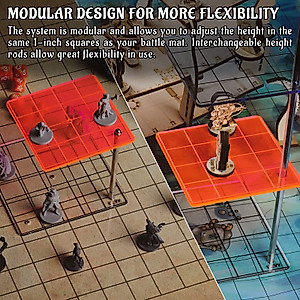 3D Combat Risers Set Colored Acrylic Connected by Metal Pillars Flying Miniature Flight Stand with 1 Inch SquareGrid Great Wargame Space for D&D and Other Tabletop RPG