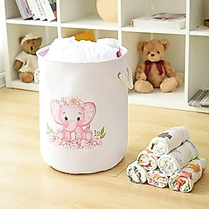 INough Extra Large Hamper for Baby Girl,Elephant Baby Hamper for Nursery, 58L Pink Laundry Basket Gift Bags for Girls Canvas Toy Storage Basket for Play Room Kids Room College Dorms Bedroom