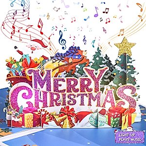 Venhoo Musical Christmas Card, 3D Christmas Pop Up Cards with Lights and Music of Merry Christmas, Double-Sides Pattern Design Holiday Greeting Card for Christmas Winter