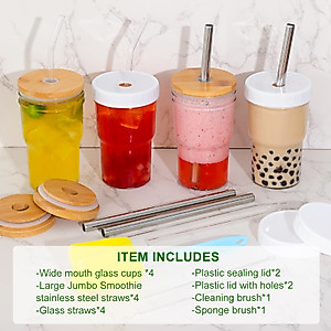 Moretoes 4pcs 16oz Glass Cups with Lids and Straws, Glass/Smoothie/Boba Cups, Reusable Glass Coffee Cups with Lids and Straw, Iced Coffee Cup