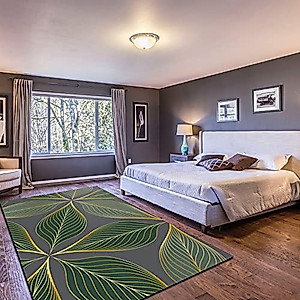 QINYUN Modern Abstract Style Area Rug, Green Gold Patterned Leaf Indoor Rug, Bedroom Rug Non Slip Easy to Clean Durable, Suitable for Farm Apartment Living Room Office-3ft×5ft