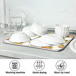 Nander Lovely Owl Pumpkin Sunflower Eyes Dish Drying Mat for Kitchen Counter, Absorbent Reversible Dish Draining Mat,Rack Pad for Countertop, 18 x 24 Inches