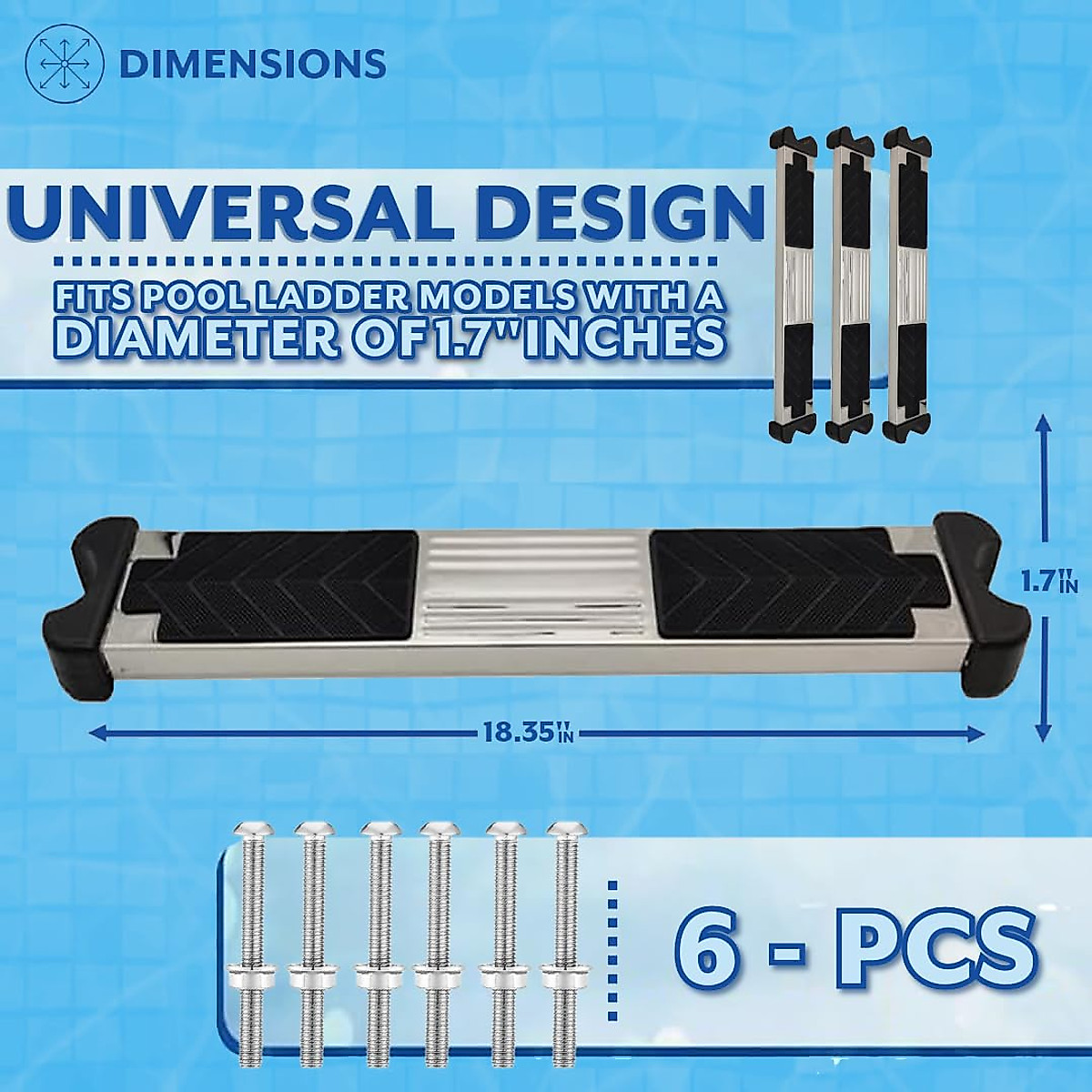 Poolzilla 3 Pack Pool Ladder Replacement Step, Stainless Steel Treaded Design, 18.35" x 1.7"