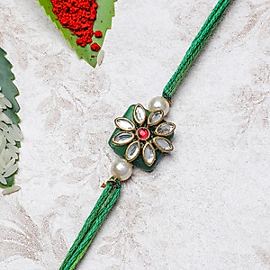 Desi Favors Green Kundan Rakhi for Raksha Bandhan - Rakhi for your Brother Gift - Traditional Beautiful Handmade Thread Rakhi for Beloved Rakshabandhan - 14 Inch