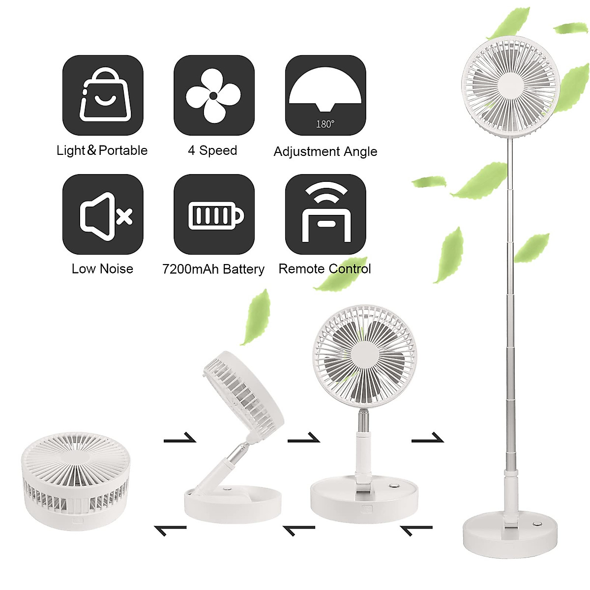 BIGTREE Portable Standing Fan with Remote Controller,8 inch USB Desk Fan,Adjustable Height,Quiet Foldable Floor Fan,Telescopic Pedestal Fans for Personal Bedroom Office Fishing Camping (WHITE)