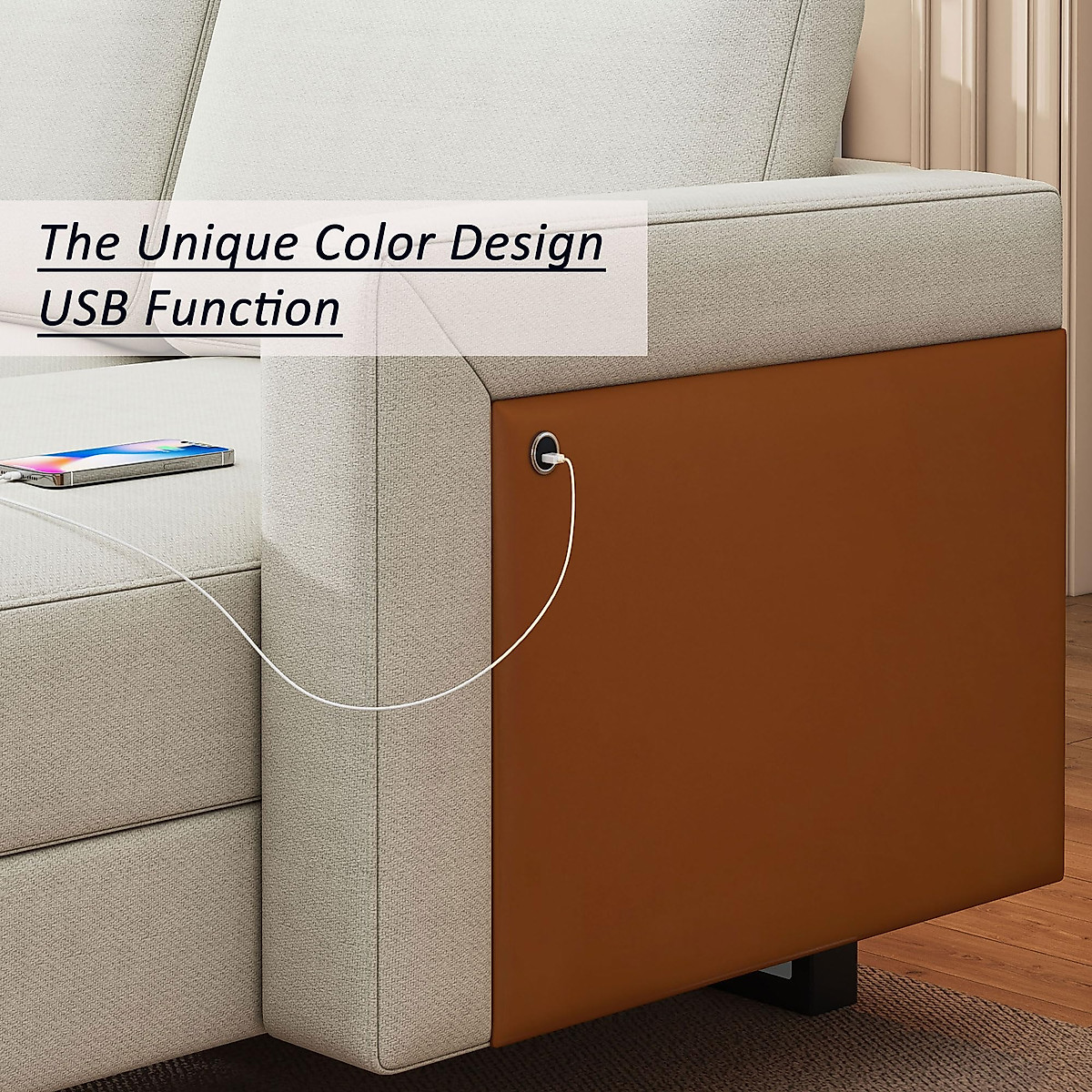 Favfurish Sectional, Convertible L-Shape Sofa Couch with Reversible Armrests,Solid Wood Frame,Chaise Longue,USB Function,for Living Room, Apartment,Studio,Cream White, 100