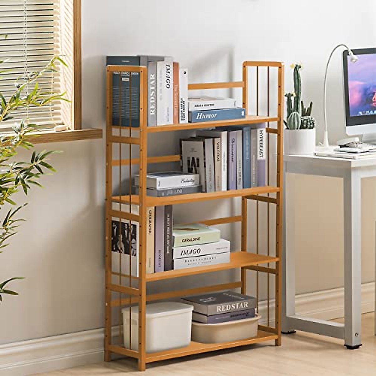 IOTXY Adjustable Bamboo Open Bookshelf - Medium 3-Tier Free Standing Storage Rack, Multifunctional Display Stand for Bookcase, Home and Office, Light Brown
