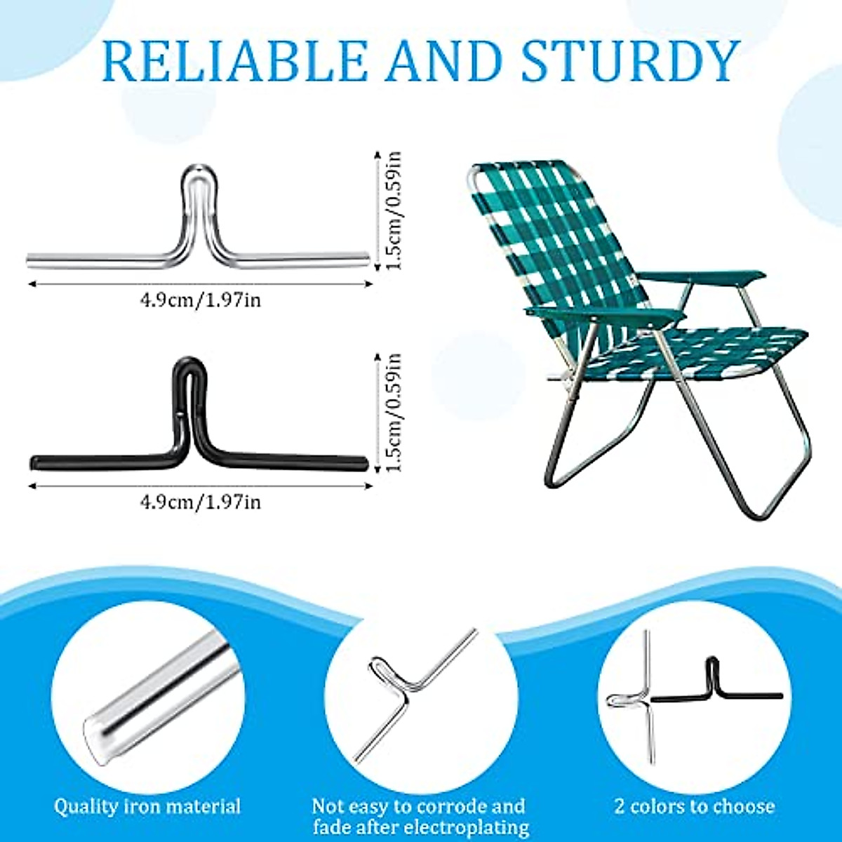 120 pcs Webbing Clips Lawn Chair Webbing Silver Black Lawn Chair Webbing Clips Patio Chair Webbing Replacement for Chair Frame Rubber Webbing Repair for Sofa Chair Furniture